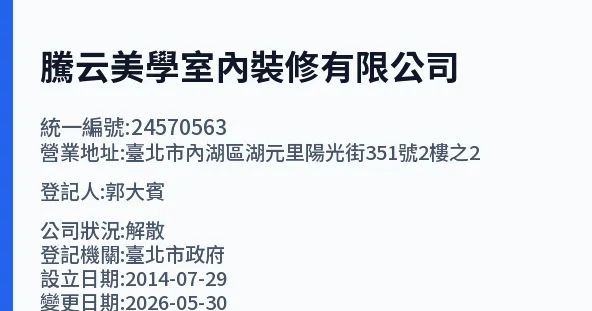 騰云美學室內裝修有限公司的照片-統編 24570563(臺北市) 公司登記資料與營業項目詳細圖表
