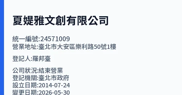 夏媞雅文創有限公司的照片-統編 24571009(臺北市) 公司登記資料與營業項目詳細圖表