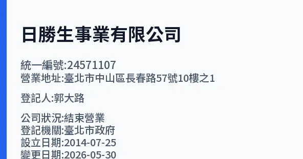 日勝生事業有限公司的照片-統編 24571107(臺北市) 公司登記資料與營業項目詳細圖表