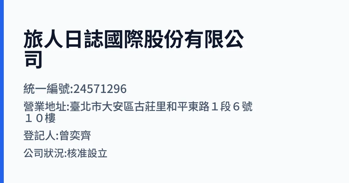 旅人日誌國際股份有限公司 - 統編 24571296(臺北市) 公司登記資料與營業項目詳細圖表
