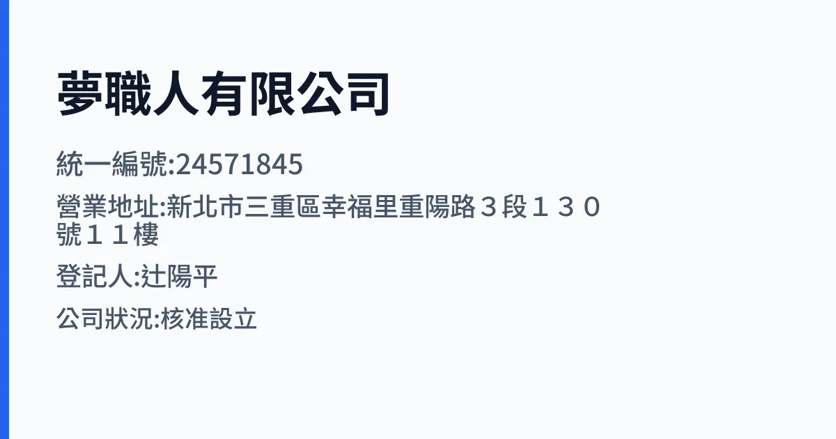 夢職人有限公司 - 統編 24571845(新北市) 公司登記資料與營業項目詳細圖表