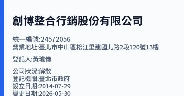 創博整合行銷股份有限公司的照片-統編 24572056(臺北市) 公司登記資料與營業項目詳細圖表