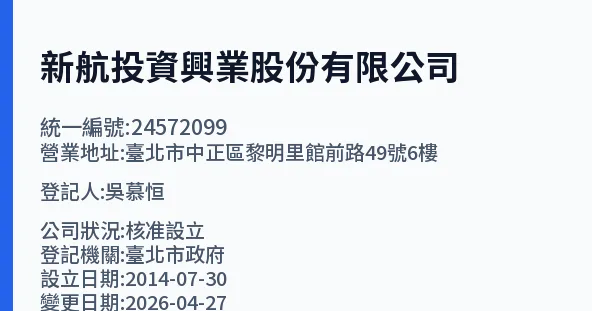 新航投資興業股份有限公司的照片-統編 24572099(臺北市) 公司登記資料與營業項目詳細圖表