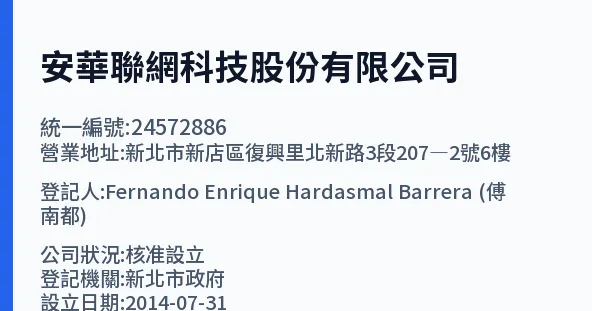 安華聯網科技股份有限公司的照片-統編 24572886(新北市) 公司登記資料與營業項目詳細圖表