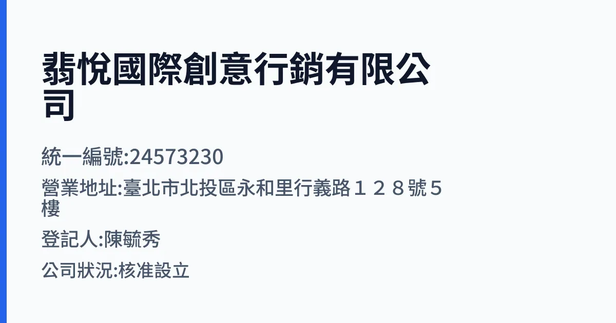 翡悅國際創意行銷有限公司 - 統編 24573230(臺北市) 公司登記資料與營業項目詳細圖表