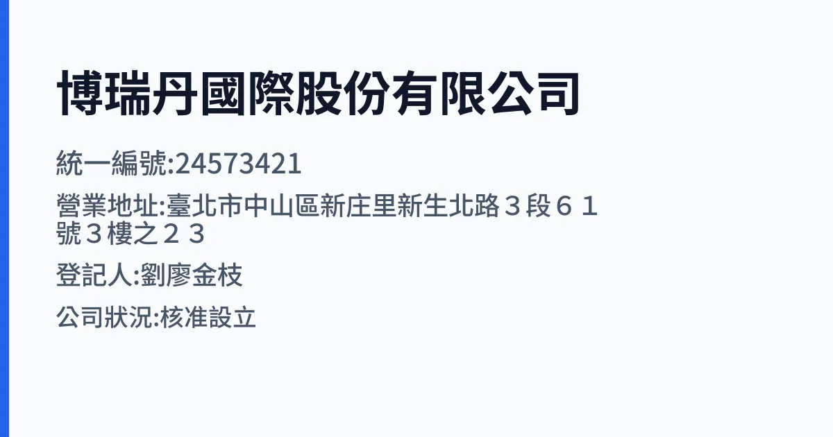 博瑞丹國際股份有限公司 - 統編 24573421(臺北市) 公司登記資料與營業項目詳細圖表