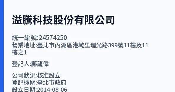 溢騰科技股份有限公司的照片-統編 24574250(臺北市) 公司登記資料與營業項目詳細圖表