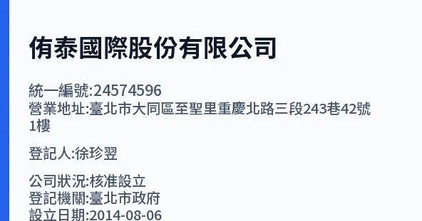 侑泰國際股份有限公司的照片-統編 24574596(臺北市) 公司登記資料與營業項目詳細圖表