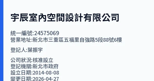 宇辰室內空間設計有限公司的照片-統編 24575069(新北市) 公司登記資料與營業項目詳細圖表