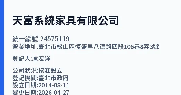 天富系統家具有限公司的照片-統編 24575119(臺北市) 公司登記資料與營業項目詳細圖表