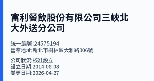 富利餐飲股份有限公司三峽北大外送分公司的照片-統編 24575194(新北市) 公司登記資料與營業項目詳細圖表