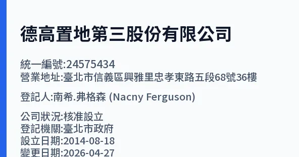 德高置地第三股份有限公司的照片-統編 24575434(臺北市) 公司登記資料與營業項目詳細圖表