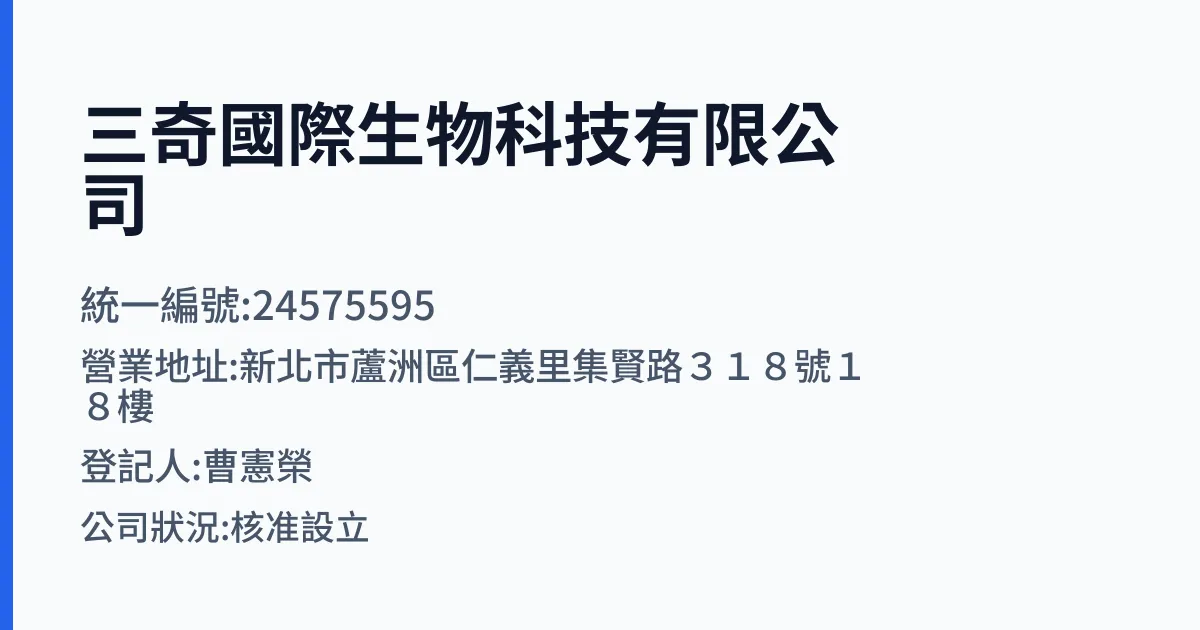 三奇國際生物科技有限公司 - 統編 24575595(新北市) 公司登記資料與營業項目詳細圖表
