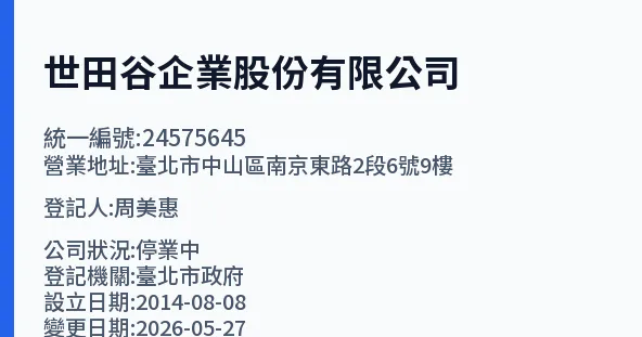 世田谷企業股份有限公司的照片-統編 24575645(臺北市) 公司登記資料與營業項目詳細圖表