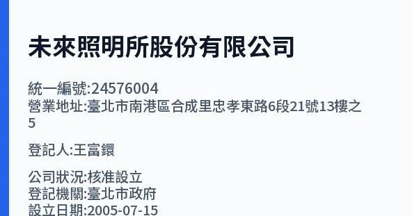 未來照明所股份有限公司的照片-統編 24576004(臺北市) 公司登記資料與營業項目詳細圖表