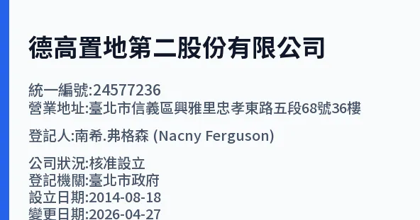 德高置地第二股份有限公司的照片-統編 24577236(臺北市) 公司登記資料與營業項目詳細圖表