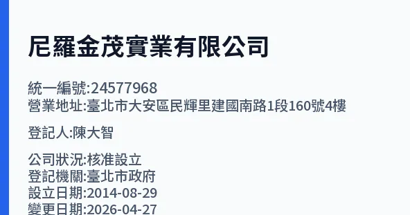 尼羅金茂實業有限公司的照片-統編 24577968(臺北市) 公司登記資料與營業項目詳細圖表