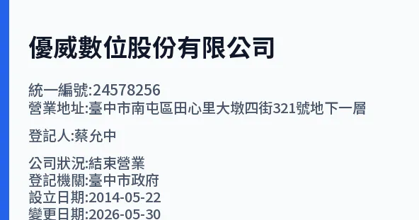 優威數位股份有限公司的照片-統編 24578256(臺中市) 公司登記資料與營業項目詳細圖表