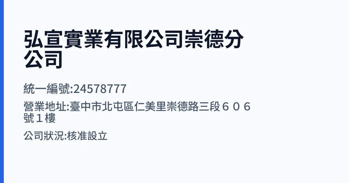 弘宣實業有限公司崇德分公司 - 統編 24578777(臺中市) 公司登記資料與營業項目詳細圖表