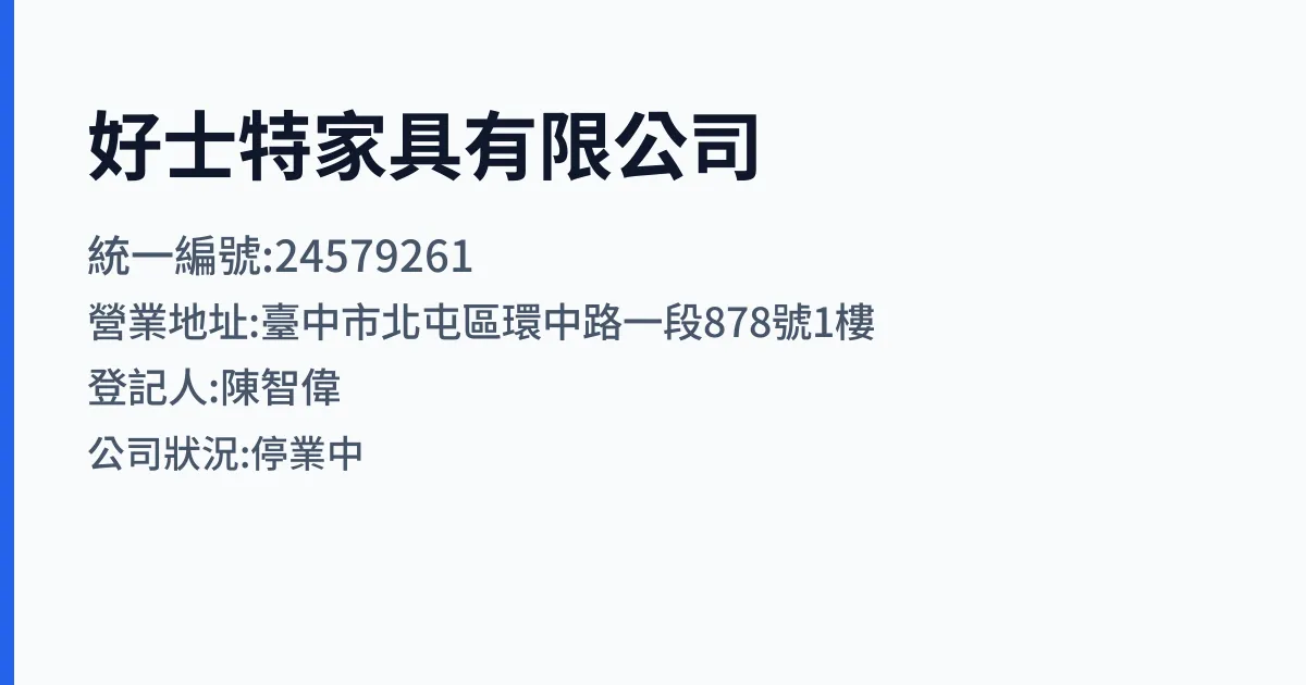 好士特家具有限公司 - 統編 24579261(臺中市) 公司登記資料與營業項目詳細圖表