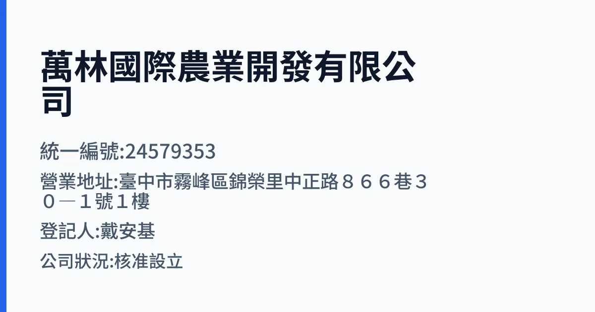 萬林國際農業開發有限公司 - 統編 24579353(臺中市) 公司登記資料與營業項目詳細圖表