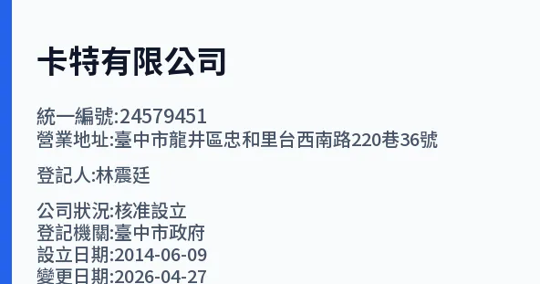 卡特有限公司的照片-統編 24579451(臺中市) 公司登記資料與營業項目詳細圖表