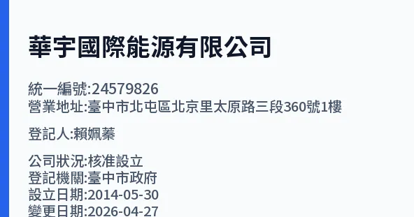 華宇國際能源有限公司的照片-統編 24579826(臺中市) 公司登記資料與營業項目詳細圖表
