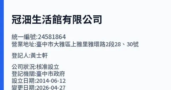 冠沺生活館有限公司的照片-統編 24581864(臺中市) 公司登記資料與營業項目詳細圖表