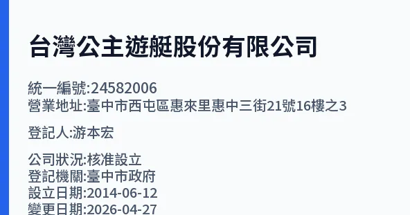 台灣公主遊艇股份有限公司的照片-統編 24582006(臺中市) 公司登記資料與營業項目詳細圖表