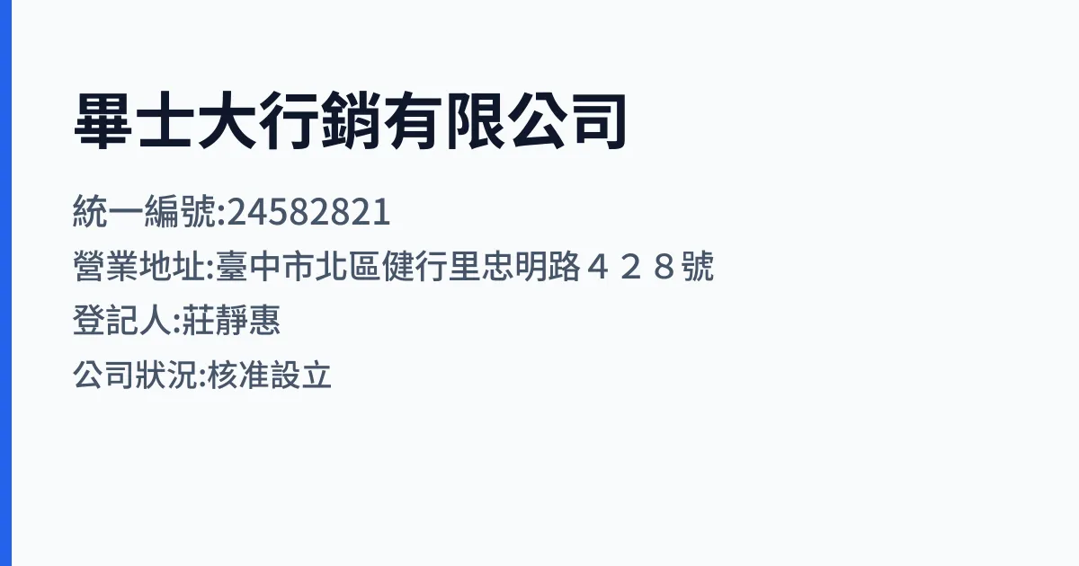 畢士大行銷有限公司 - 統編 24582821(臺中市) 公司登記資料與營業項目詳細圖表