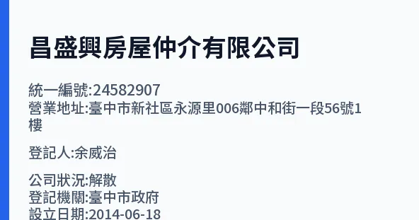 昌盛興房屋仲介有限公司的照片-統編 24582907(臺中市) 公司登記資料與營業項目詳細圖表