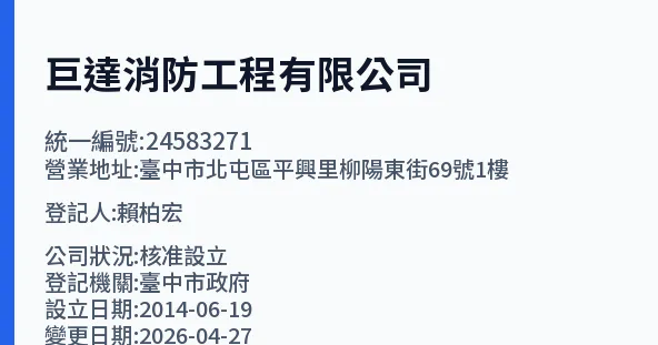 巨達消防工程有限公司的照片-統編 24583271(臺中市) 公司登記資料與營業項目詳細圖表