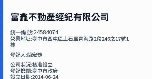 富鑫不動產經紀有限公司的照片-統編 24584074(臺中市) 公司登記資料與營業項目詳細圖表