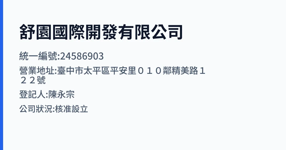 舒園國際開發有限公司 - 統編 24586903(臺中市) 公司登記資料與營業項目詳細圖表