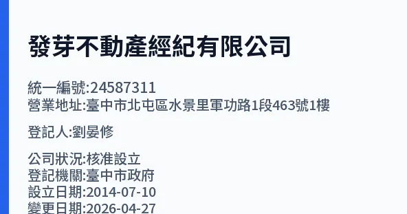 發芽不動產經紀有限公司的照片-統編 24587311(臺中市) 公司登記資料與營業項目詳細圖表