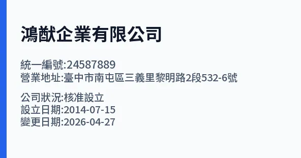 鴻猷企業有限公司的照片-統編 24587889(臺中市) 公司登記資料與營業項目詳細圖表