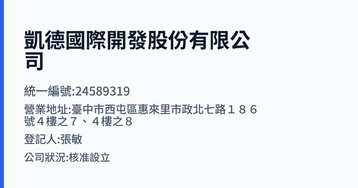 凱德國際開發股份有限公司 - 統編 24589319(臺中市) 公司登記資料與營業項目詳細圖表