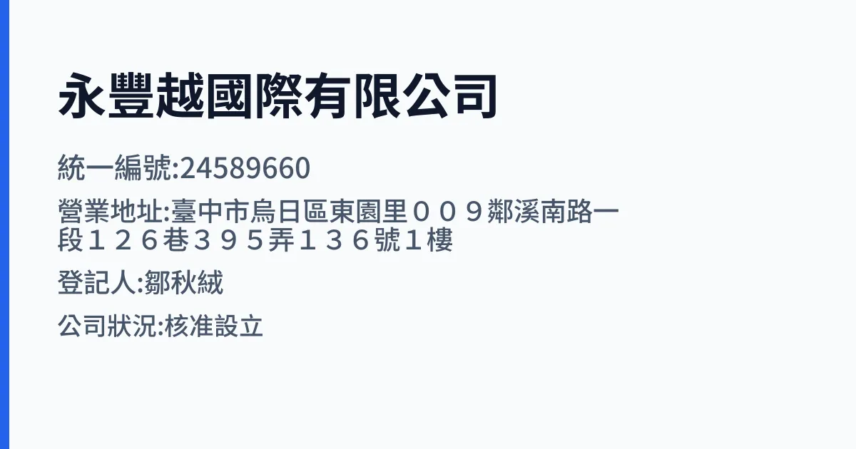 永豐越國際有限公司 - 統編 24589660(臺中市) 公司登記資料與營業項目詳細圖表