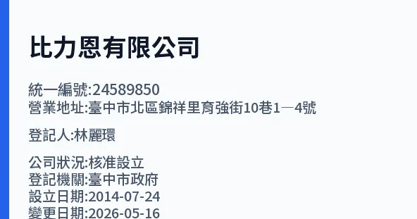 比力恩有限公司的照片-統編 24589850(臺中市) 公司登記資料與營業項目詳細圖表