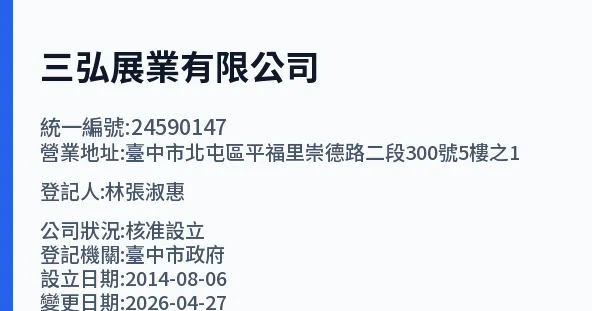 三弘展業有限公司的照片-統編 24590147(臺中市) 公司登記資料與營業項目詳細圖表