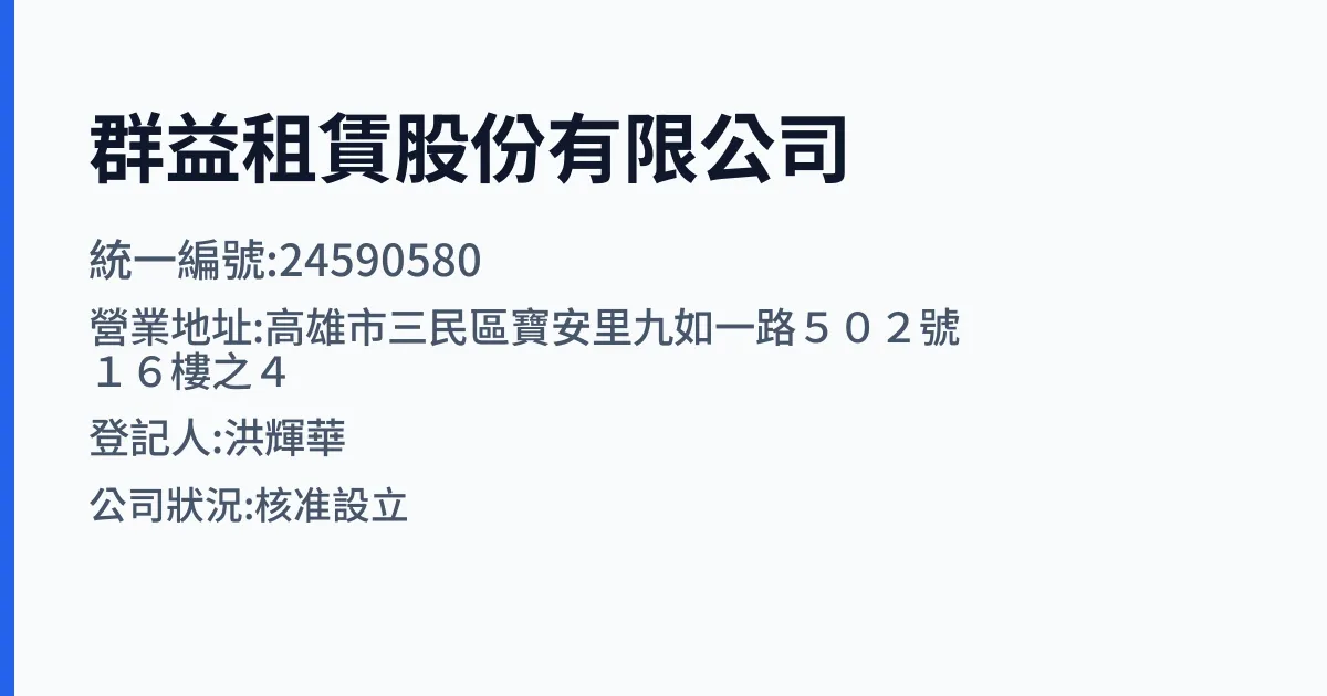 群益租賃股份有限公司 - 統編 24590580(高雄市) 公司登記資料與營業項目詳細圖表