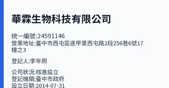 華霖生物科技有限公司的照片-統編 24591146(臺中市) 公司登記資料與營業項目詳細圖表