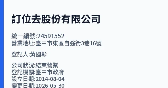 訂位去股份有限公司的照片-統編 24591552(臺中市) 公司登記資料與營業項目詳細圖表