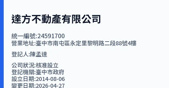 達方不動產有限公司的照片-統編 24591700(臺中市) 公司登記資料與營業項目詳細圖表