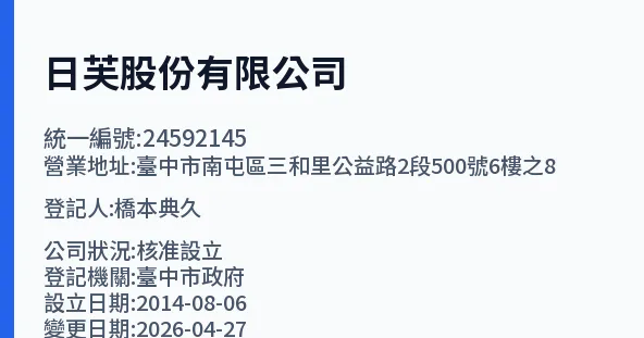 日芙股份有限公司的照片-統編 24592145(臺中市) 公司登記資料與營業項目詳細圖表