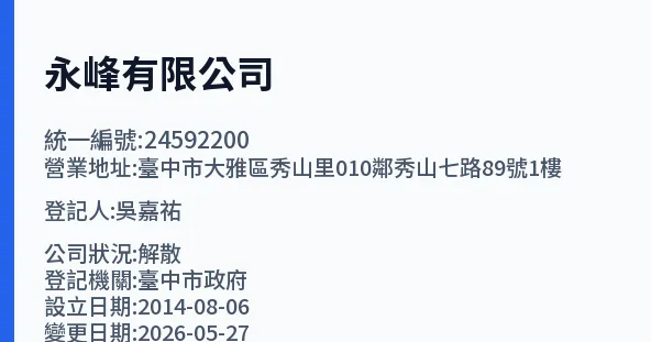 永峰有限公司的照片-統編 24592200(臺中市) 公司登記資料與營業項目詳細圖表