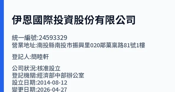 伊恩國際投資股份有限公司的照片-統編 24593329(南投縣) 公司登記資料與營業項目詳細圖表