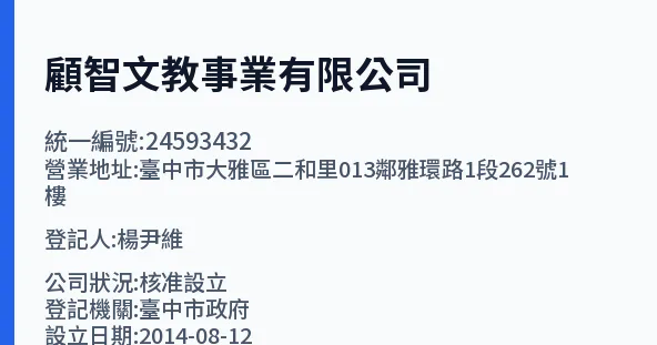 顧智文教事業有限公司的照片-統編 24593432(臺中市) 公司登記資料與營業項目詳細圖表