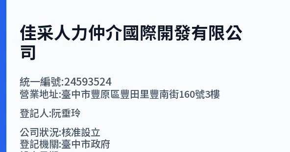 佳采人力仲介國際開發有限公司的照片-統編 24593524(臺中市) 公司登記資料與營業項目詳細圖表