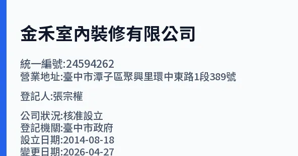 金禾室內裝修有限公司的照片-統編 24594262(臺中市) 公司登記資料與營業項目詳細圖表